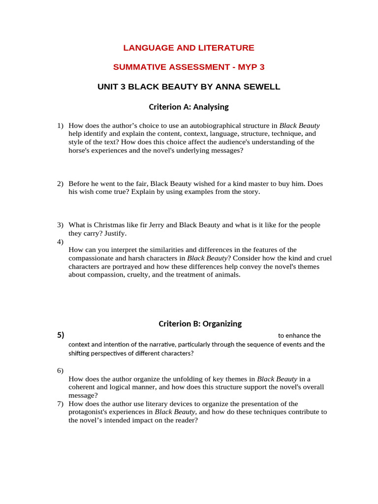 Analyzing "Black Beauty" in MYP 3 | PDF