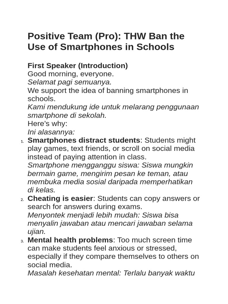THW Ban the Use of Smartphones in Schools (Pros & Cons) | PDF