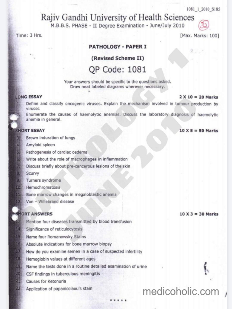 2nd Year MBBS Question Paper RGUHS Pathology Paper 1 | PDF