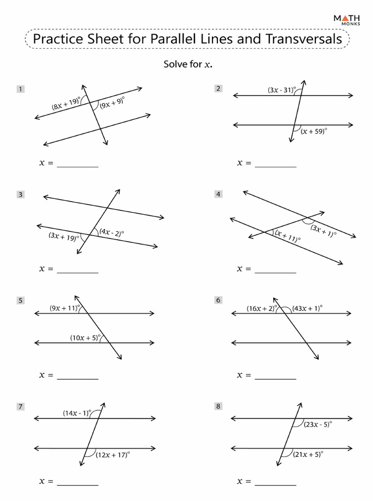 Solving For X in Parallel Lines and Transversals Worksheet | PDF