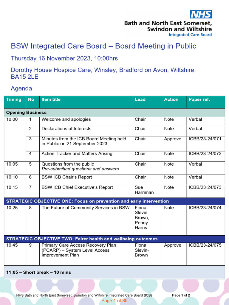 BSW ICB Board Meeting in Public - Paper Pack | PDF | National Health ...