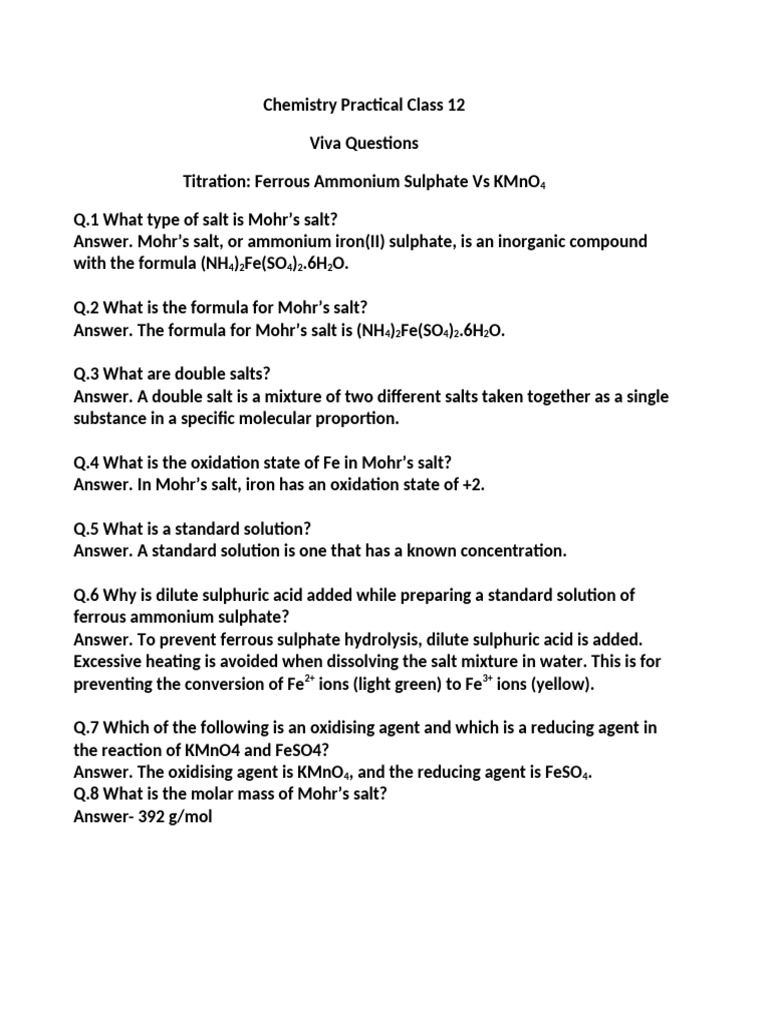 Class 12 Chemistry Viva Questions | PDF | Salt (Chemistry) | Acid