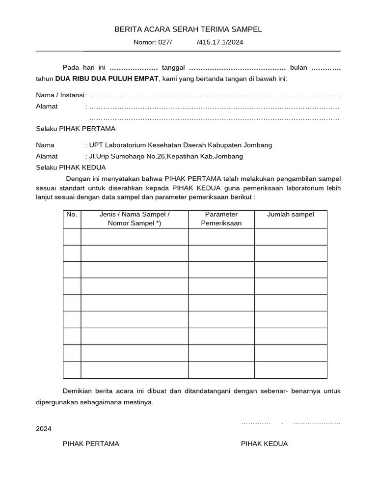 BERITA ACARA Serah Terima Sampel | PDF