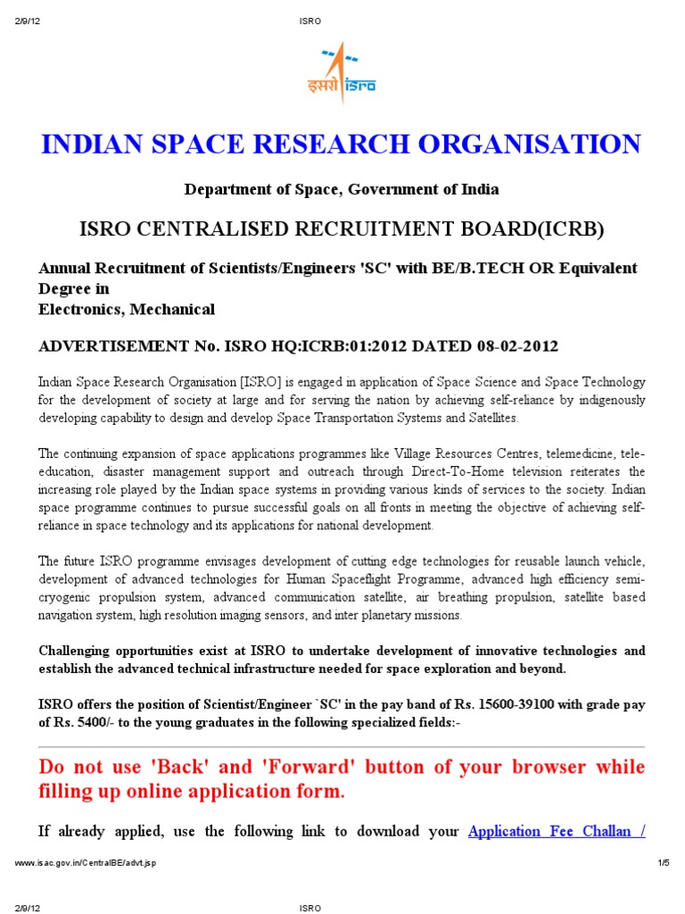Indian Space Research Organisation: Isro Centralised Recruitment Board ...