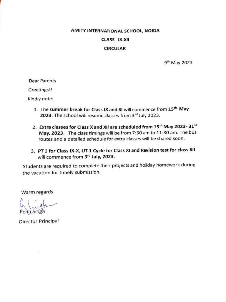 Circular Summer Classes and Vacations Class 9 To 12 | PDF