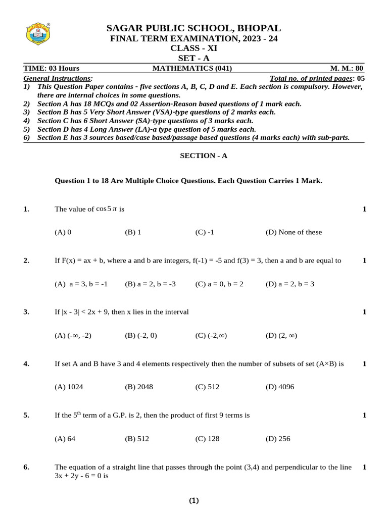 04 Mathematics Xi T 3 Set A Qp Correction 17 02 24 Pdf