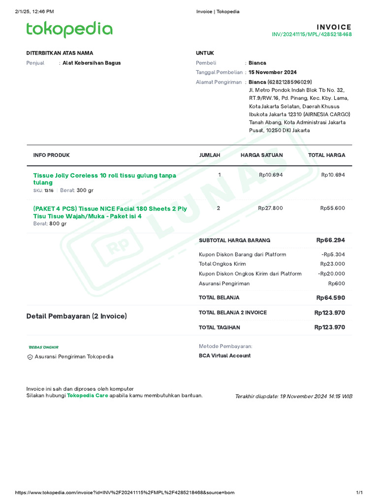 Invoice Pembelian Alat Kebersihan Bianca | PDF