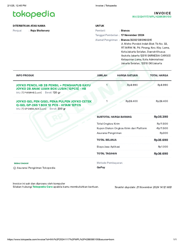 Invoice - Tokopedia Nov Atk 2 | PDF