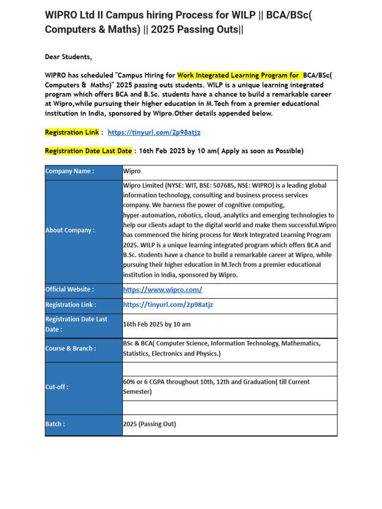 WIPRO Ltd II Campus Hiring Process for WILP __ BCA_BSc( Computers & Maths) __ 2025 Passing Outs ...