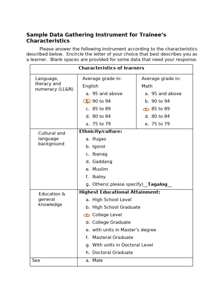 p01 Sample Data Gathering Instrument For Trainee RUIZ | PDF | Learning ...