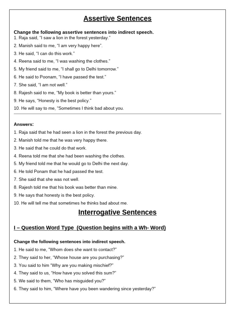 Indirect Speech Exercises and Answers | PDF | Question | Sentence ...
