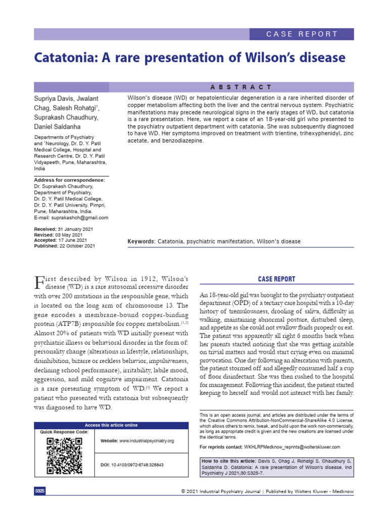 Catatonia A Rare Presentation of Wilson S Disease.70 | PDF | Psychiatry | Medicine