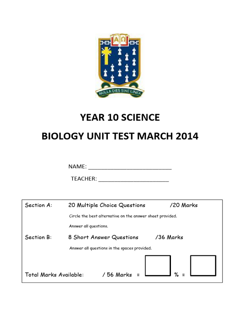 2014 Yr10 Biology Unit Test 1 | PDF | Gene | Dominance (Genetics)