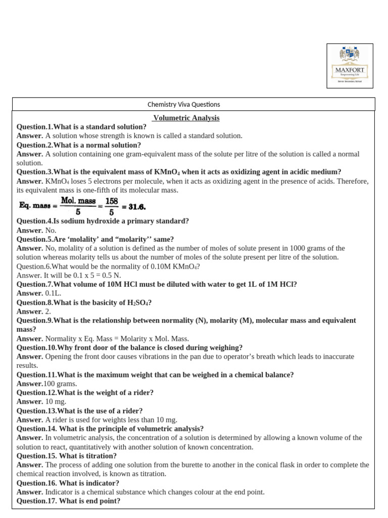 Viva Questions Class XII | PDF | Titration | Chemistry
