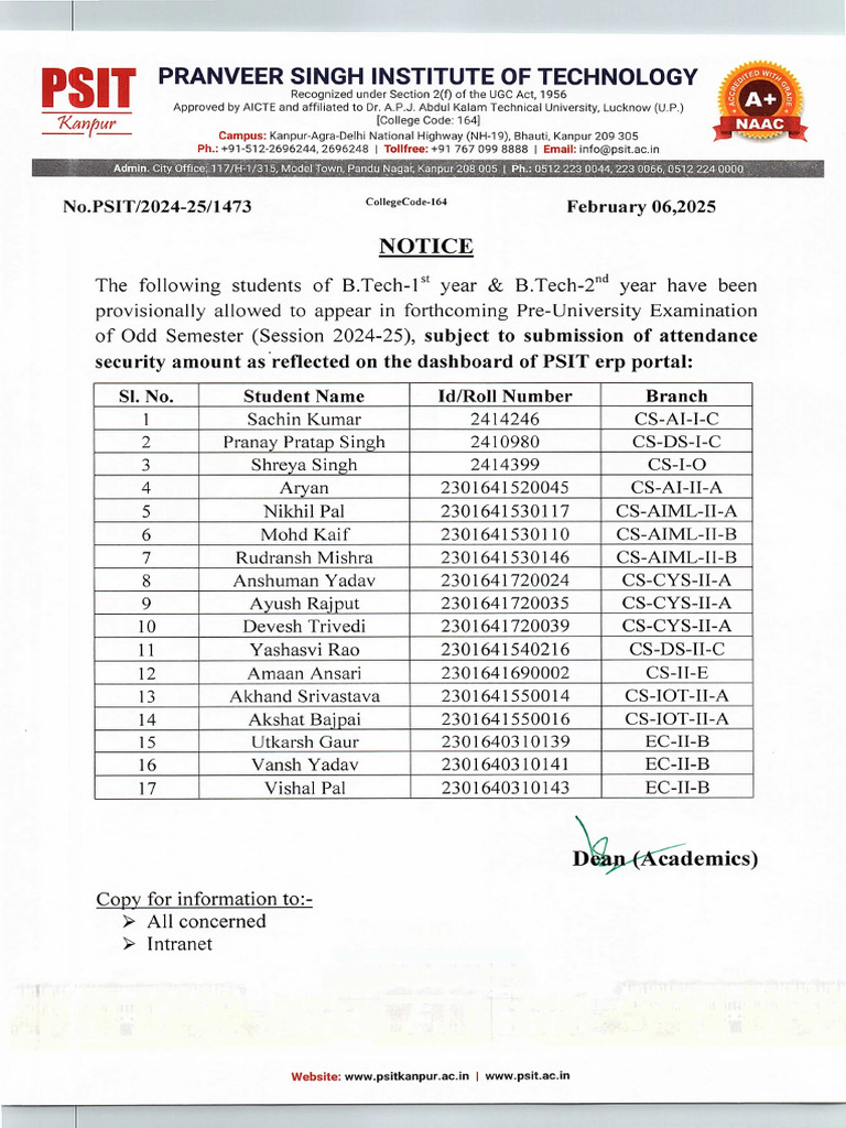 Order No. 1473, Dated 06-02-2025 (B.tech 1st Year & B.tech 2nd Year Notices Attendance Security ...