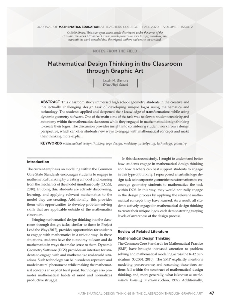 Mathematical Design Thinking in The Classroom | PDF | Thought | Design ...