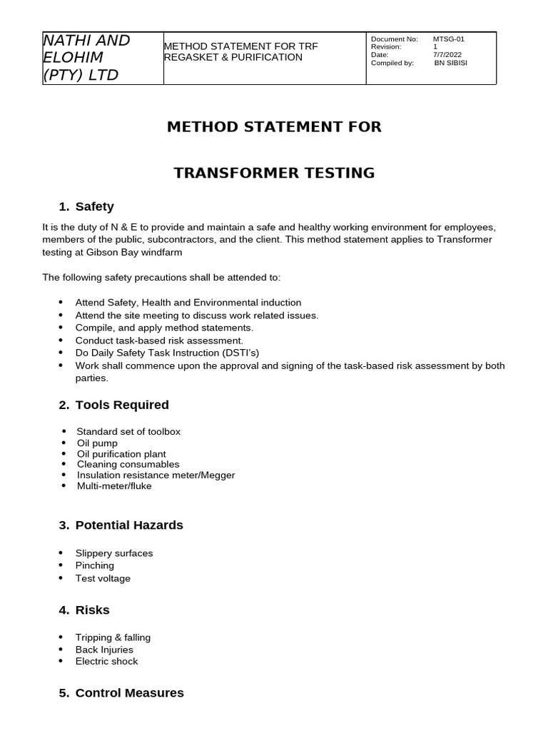 Method Statement - Transformer Re-Gasket & Purification | PDF | Transformer | Safety