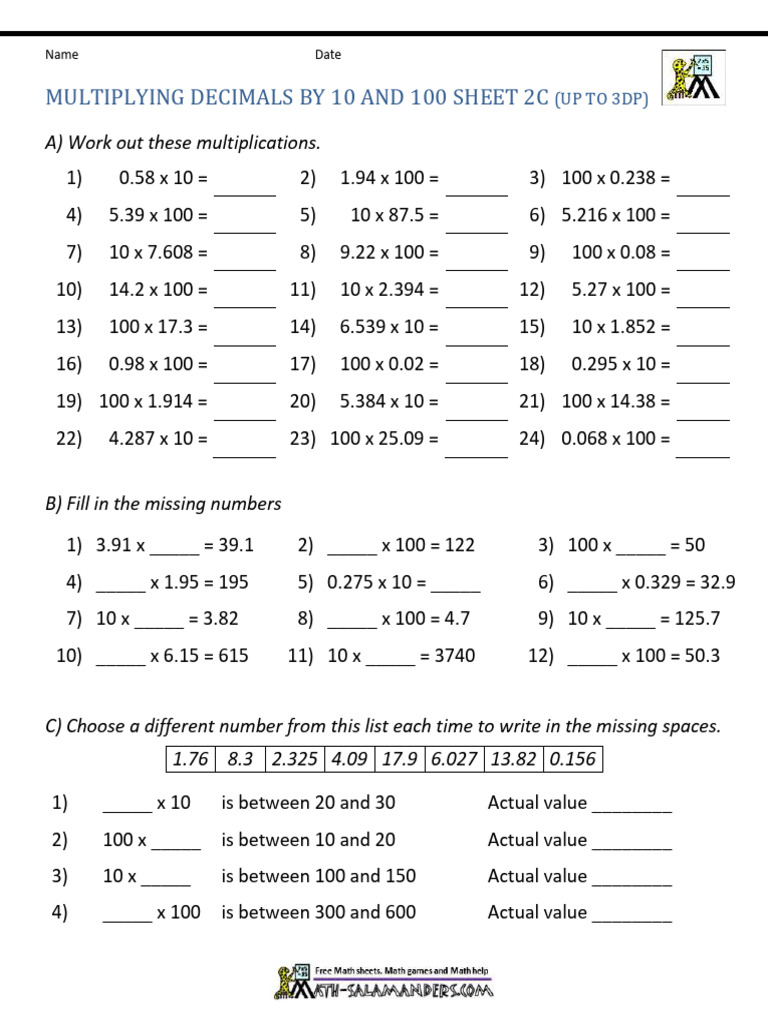 Multiplying Decimals by 10 and 100 Worksheet | PDF