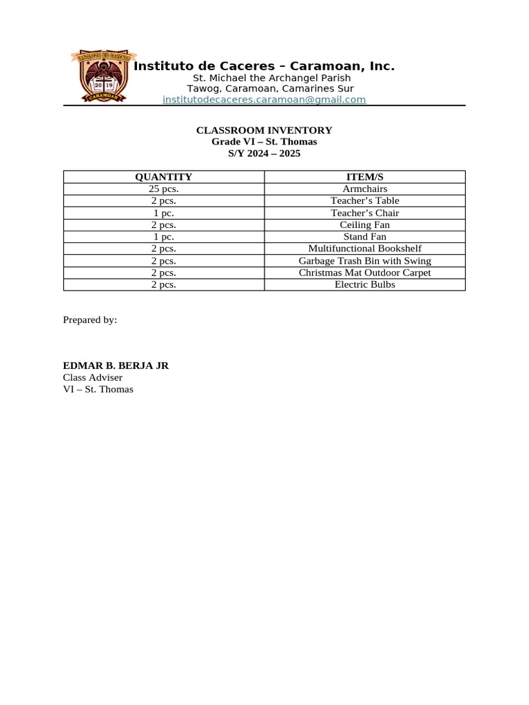 Classroom Inventory | PDF