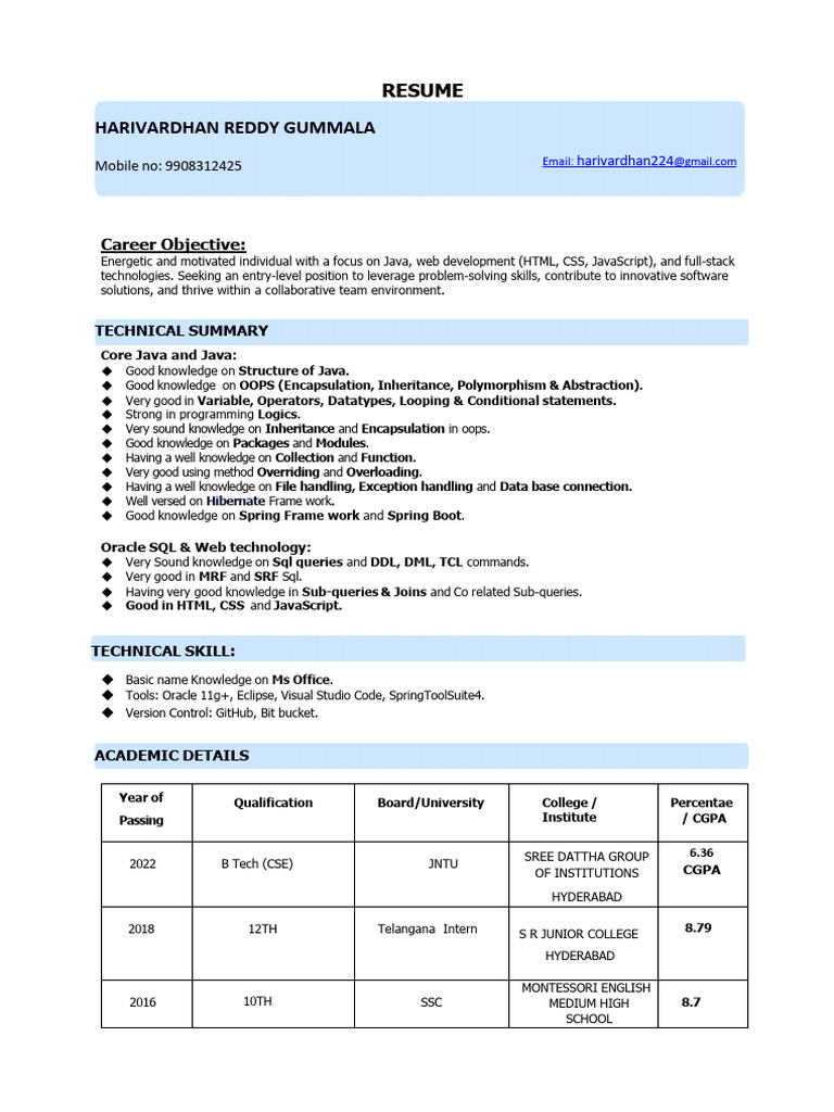 Java Developer Resume Summary | PDF | Sql | Java (Programming Language)
