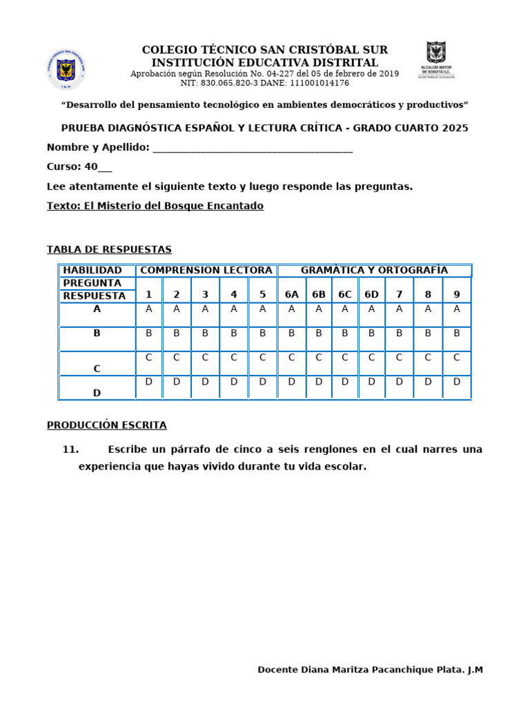 Imprimible Prueba Diagnostica Español Grado Cuarto 2025 | PDF