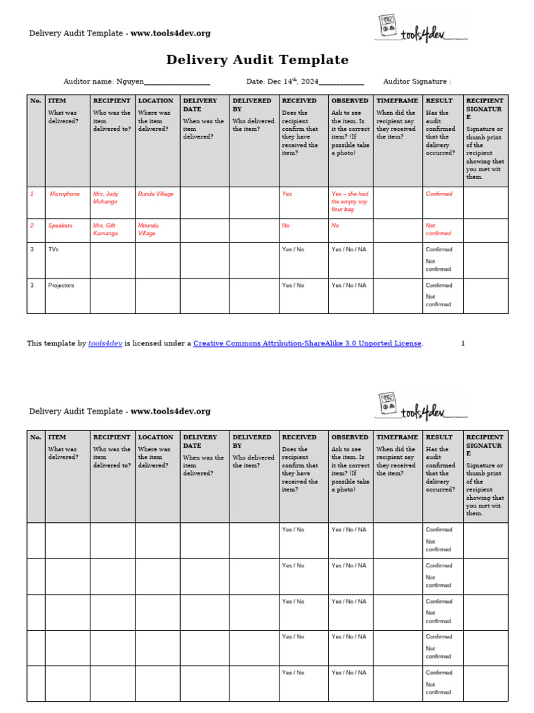 Delivery Audit Checklist Template | PDF