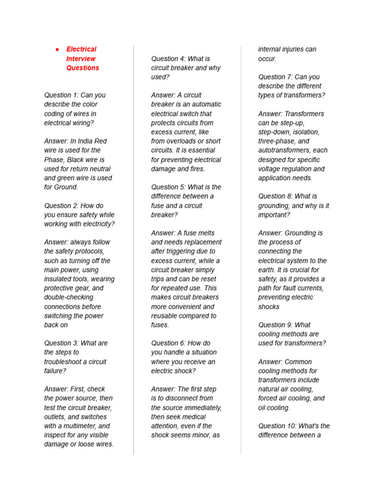 Electrical Interview Questions | PDF | Relay | Transformer