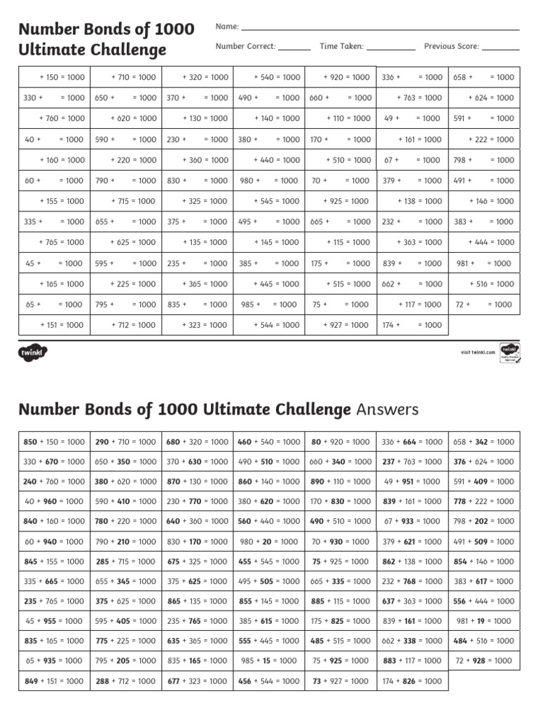 Number Bonds to 1000 Challenge | PDF