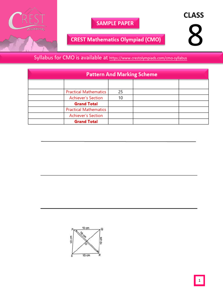 CMO Sample Papers For Class 8 | PDF | Geometry | Elementary Geometry