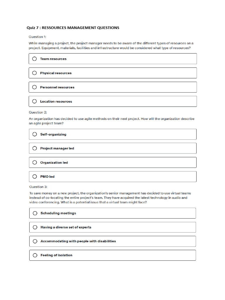 Resources Management Quiz 7 | PDF