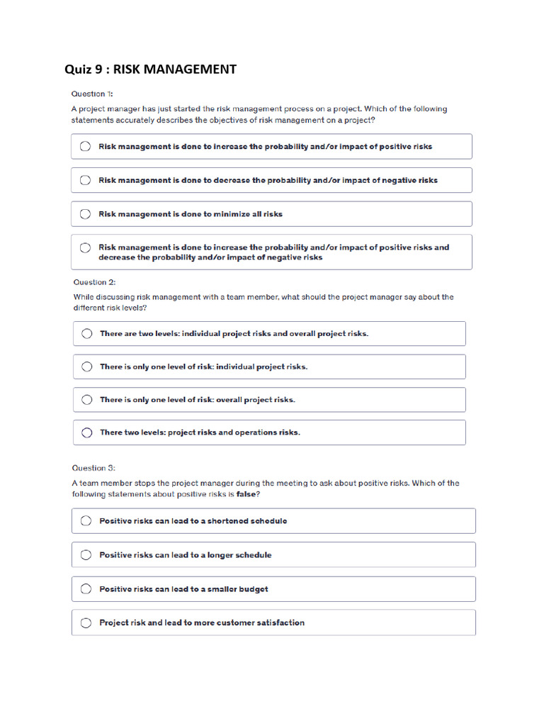 Risk Management Quiz 9 | PDF