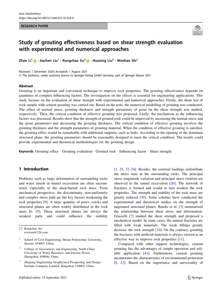 Study of grouting effectiveness based on shear strength evaluation with experimental and ...