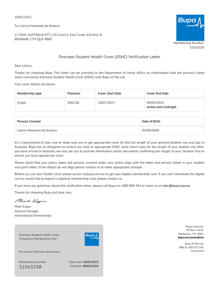 Bupa OSHC Amended Verification Letter Ms Leticia Mezzomo Da Fonseca | PDF | International Law ...