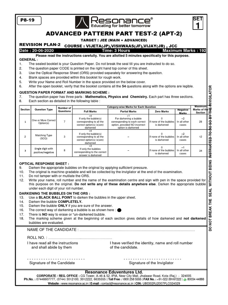 Advanced Pattern Part Test-2 (Apt-2) : Revision Plan-2 | PDF ...