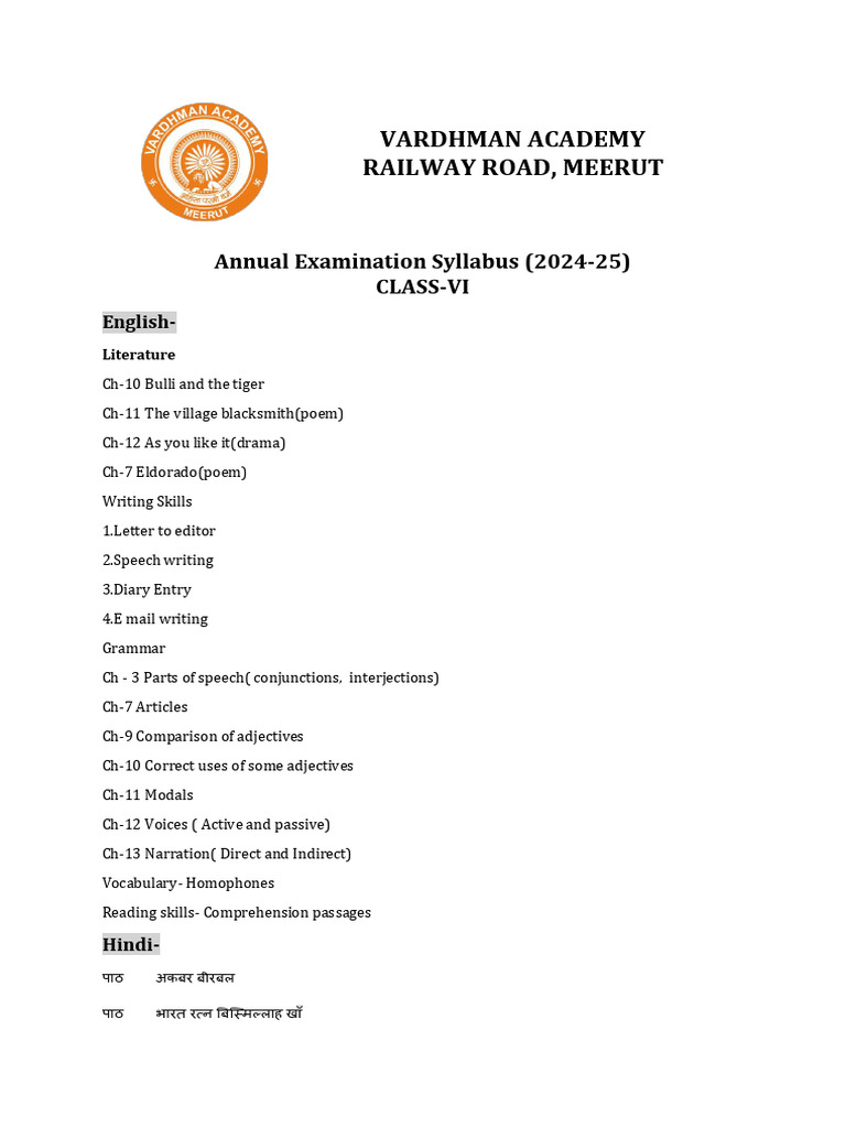 Annual Syllabus of Class VI (1) | PDF