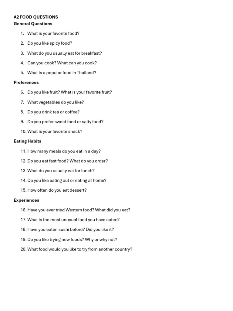 A2 Food Questions Is Am Are Questions | PDF | Food And Drink ...