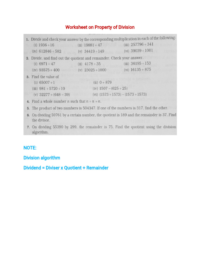 Property of Division Worksheet | PDF