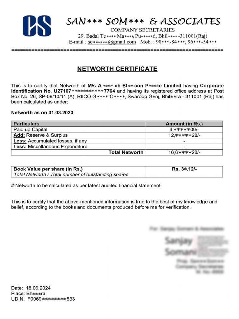 Networth Certificate | PDF