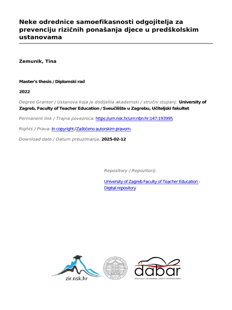 Neke Odrednice Samoefikasnosti Odgojitelja Za Prevenciju Rizičnih ...