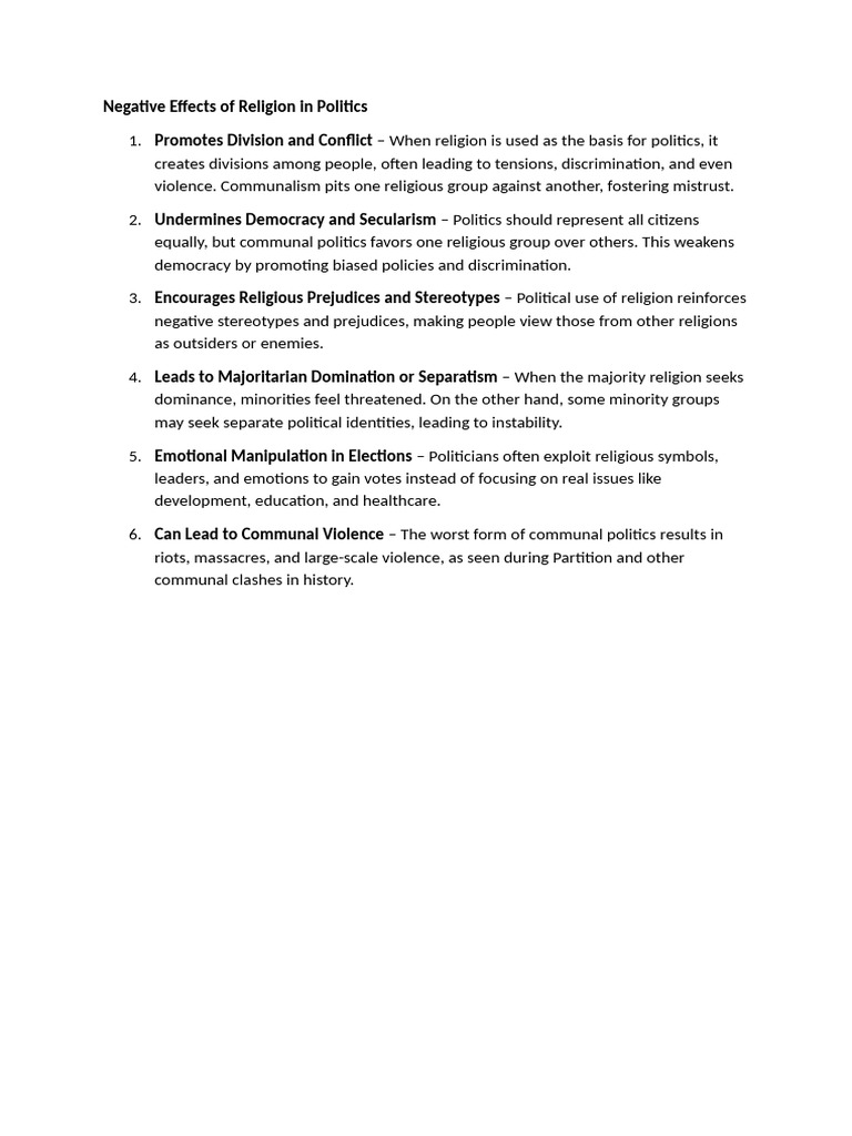 Negative Impacts of Religion in Politics | PDF