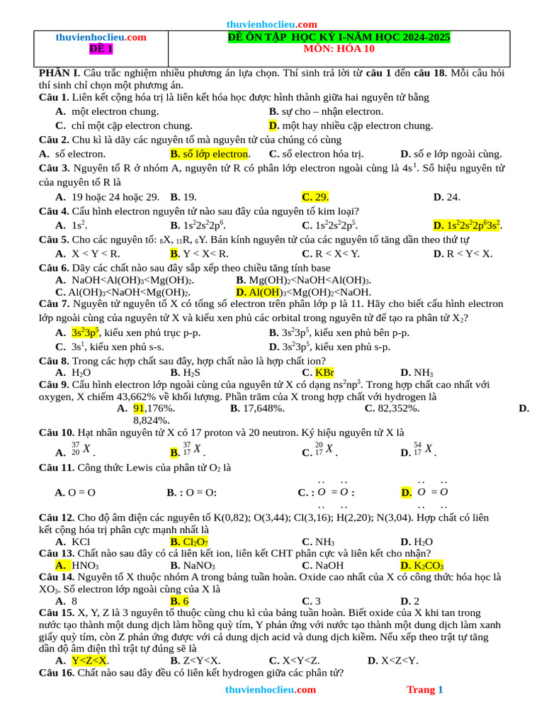 Thuvienhoclieu.com Bo de Kiem Tra Cuoi HK1 Hoa 10 CTM 24 25 | PDF