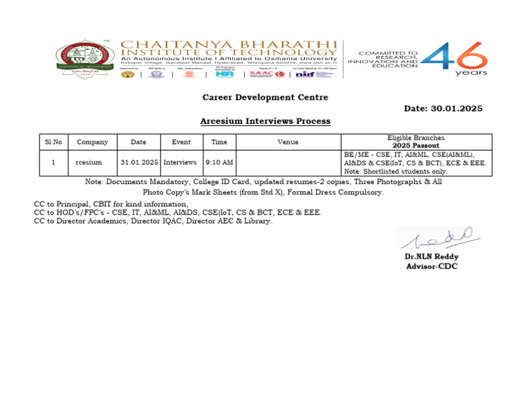 Arcesium Interviews Placement Circular On 31.01.2025 | PDF