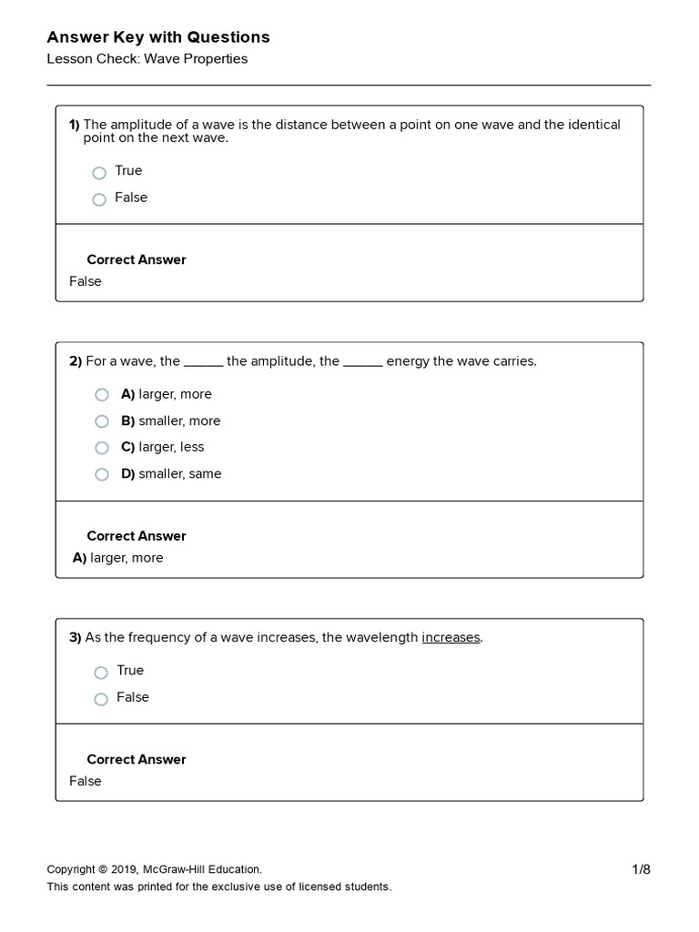 Lesson Check Answer Key_ Wave Properties | PDF | Waves | Sound
