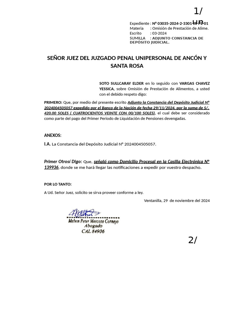 Adjunto Constancia de Deposito Judicial - Soto Sullcaray Elder | PDF