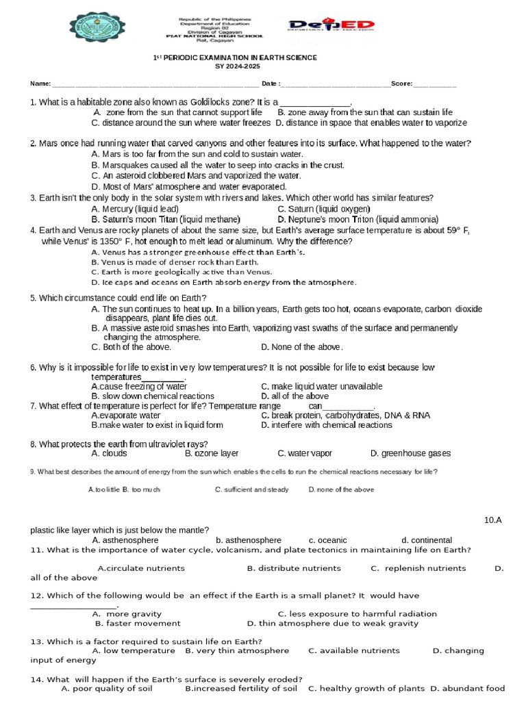 1st PERIODIC EXAMINATION IN EARTH SCIENCE | PDF | Rock (Geology) | Earth
