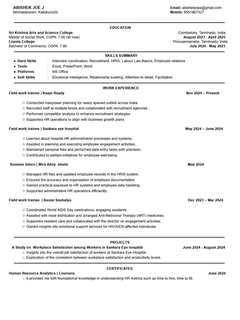 Abishek Joe A - Resume - Docx-2 | PDF | Human Resources | Recruitment