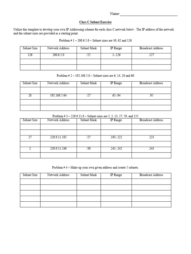 Class C Subnetting Exercise Pdf