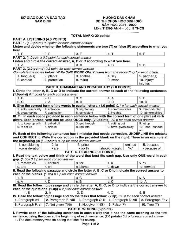 HDC de Thi Chon HSG Tinh Lop 9 Nam Dinh 2021 2022 | PDF