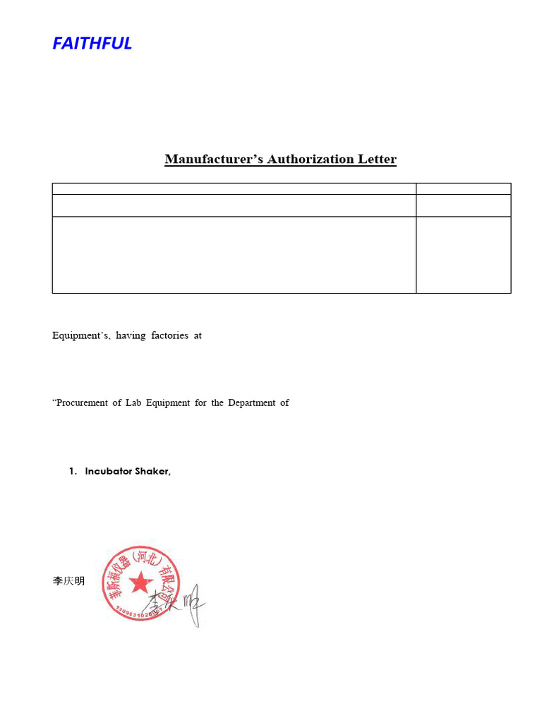 Manufacturer Authorization Letter - Faithful | PDF