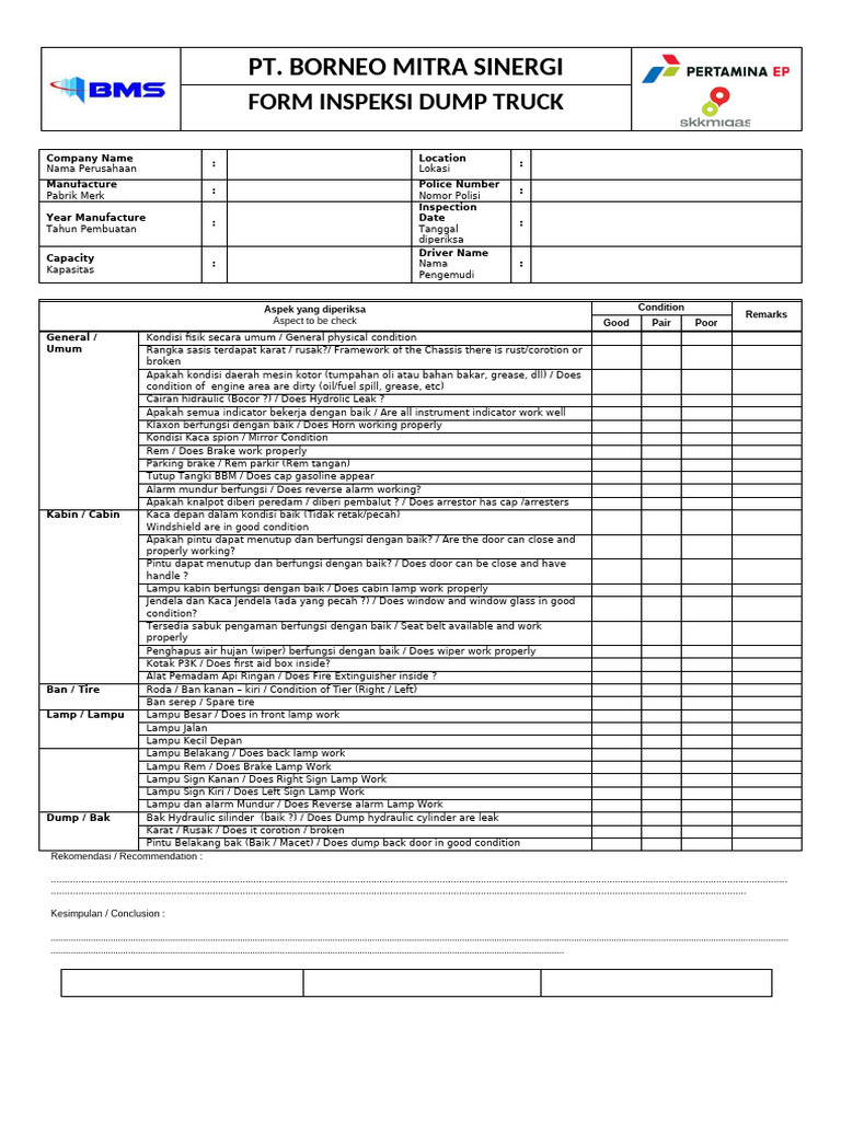 Form Inspeksi Dump Truck 1 | PDF | Land Vehicles | Motor Vehicle